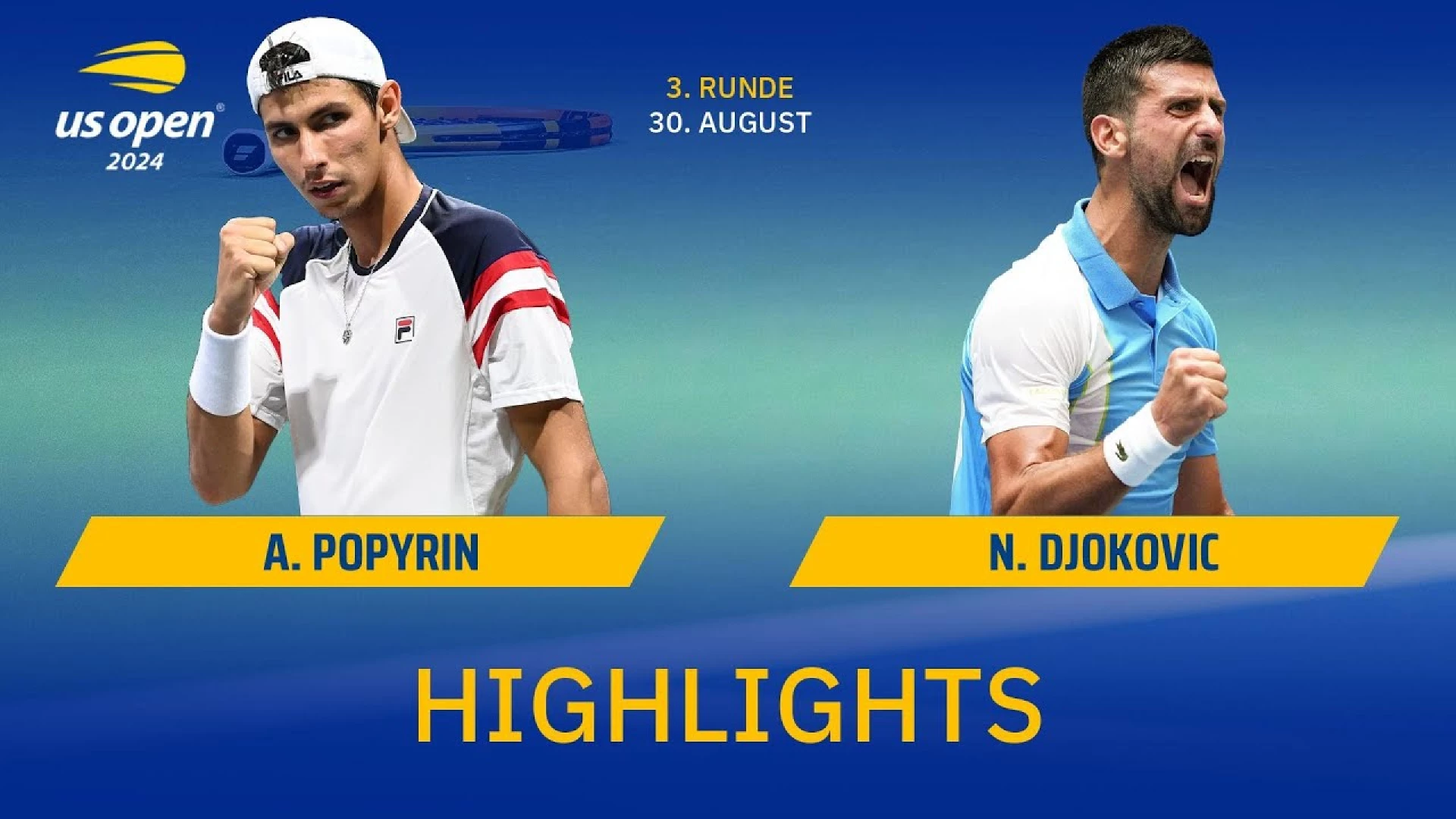US Open 2024: Alexei Popyrin vs. Novak Djokovic - 3. Runde | Highlights • Video • Sporteurope.TV